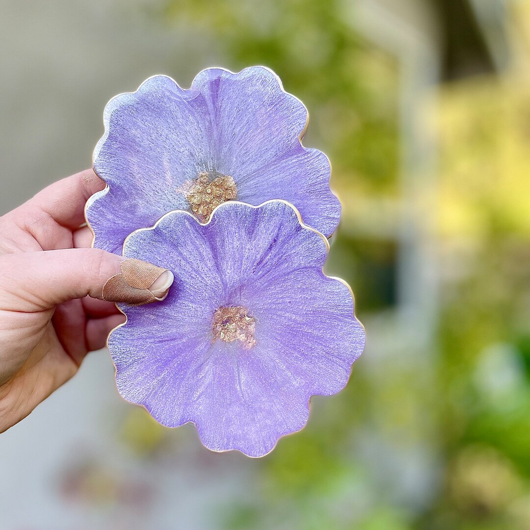 Pastel Lilac Flower Coasters With Gold Accents, Handmade Epoxy Resin ...