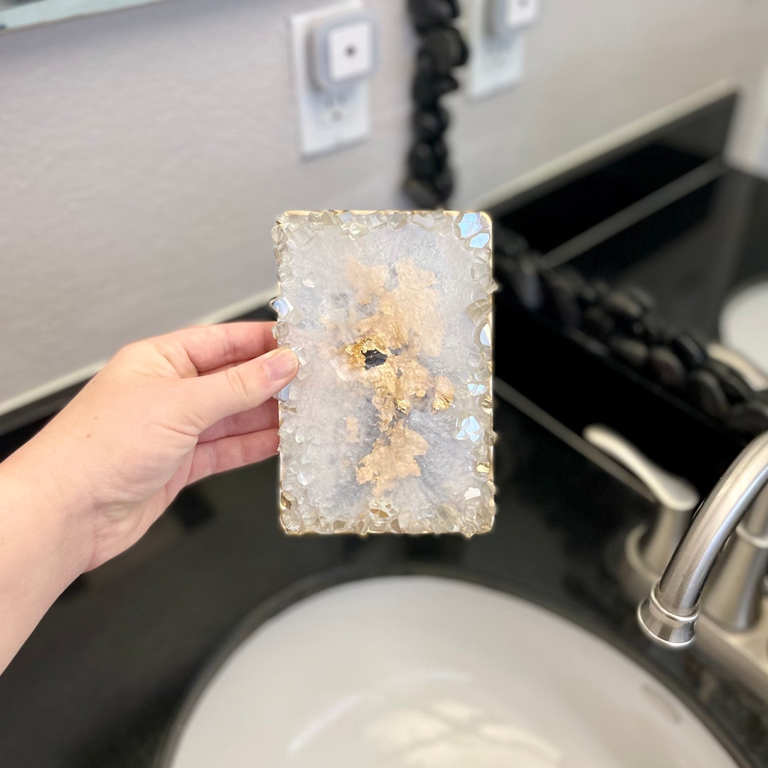 Mini Handmade Resin Tray With Crushed Glass Rim, Pearl White and Gold ...