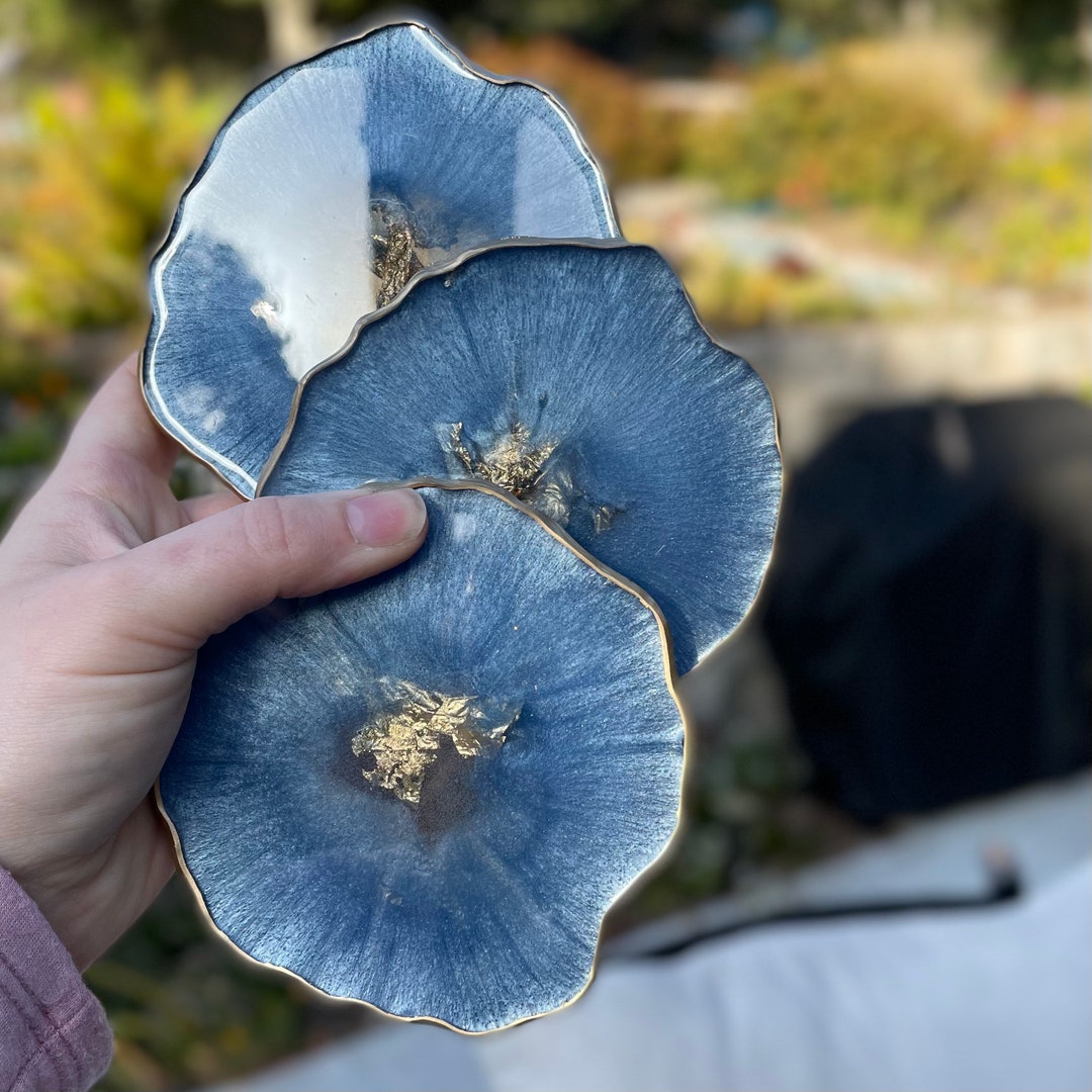 Dark Pastel Blue Coasters With Gold Accents, Geode Agate Style Coasters ...