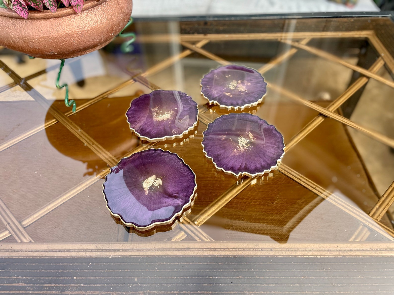 Deep Purple and Gold Resin Coaster Set, Large Coasters With Irregular ...