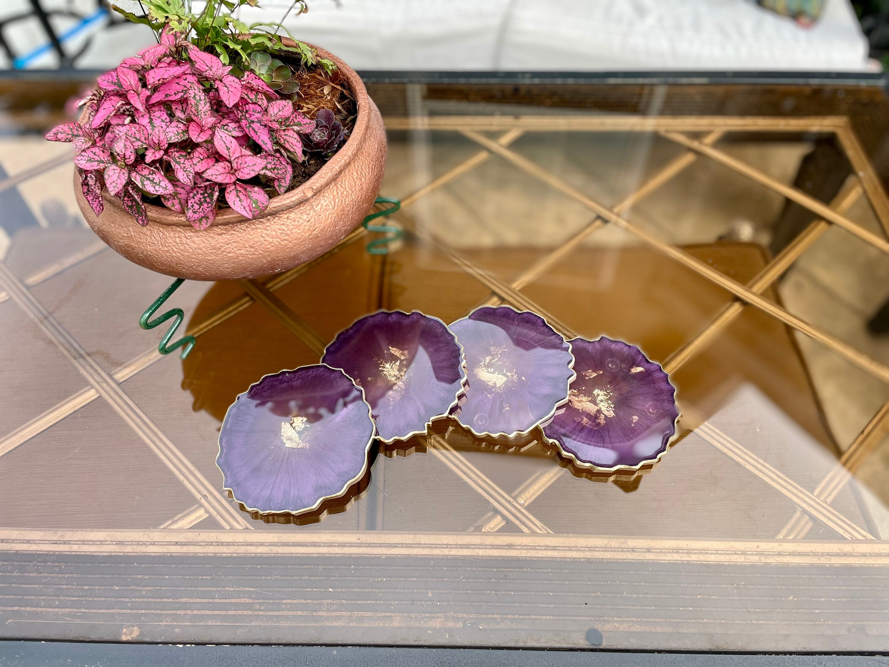 Deep Purple and Gold Resin Coaster Set, Large Coasters With Irregular ...