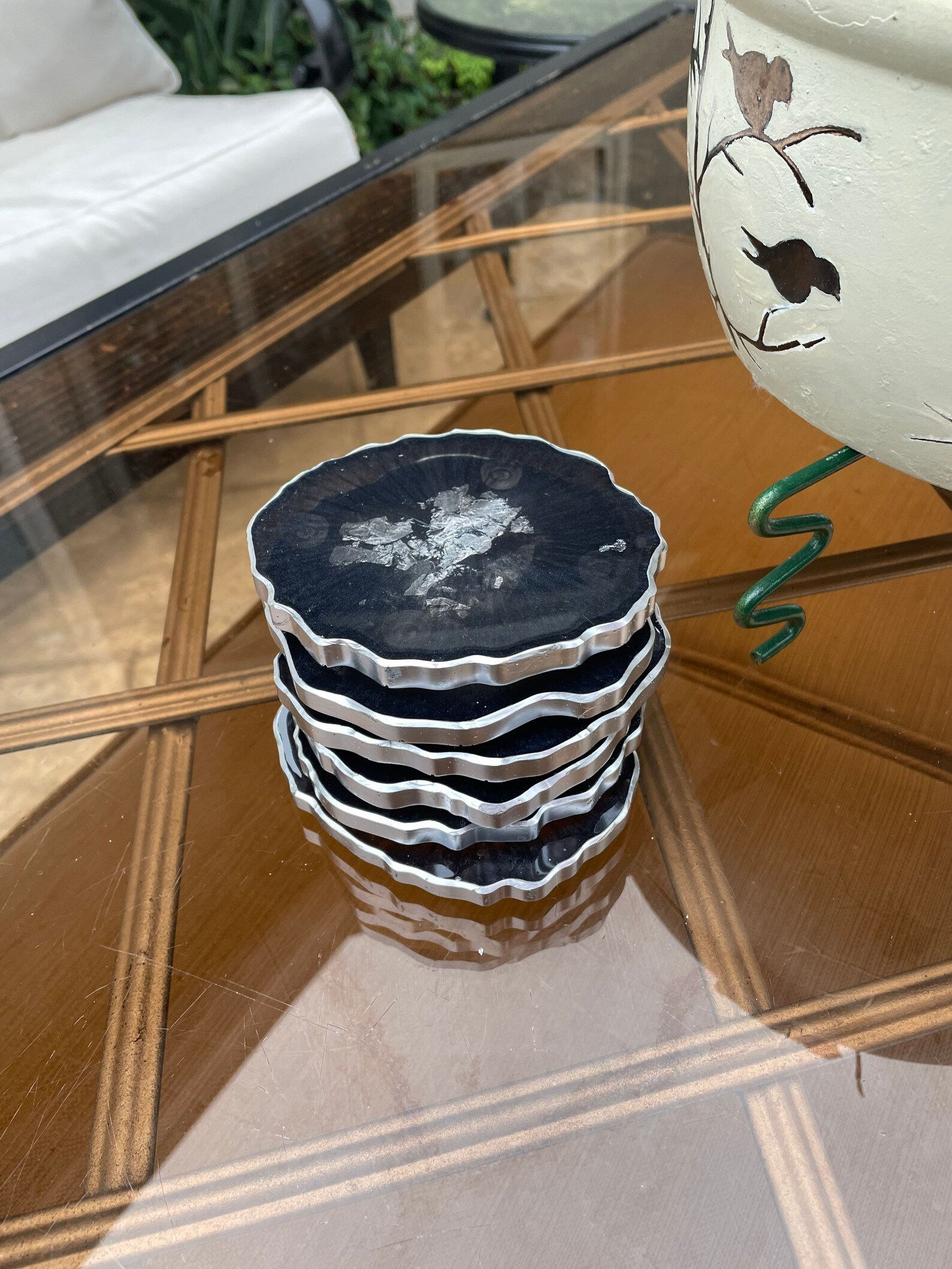 Black & silver coaster sets made of resin handmade geode | Etsy