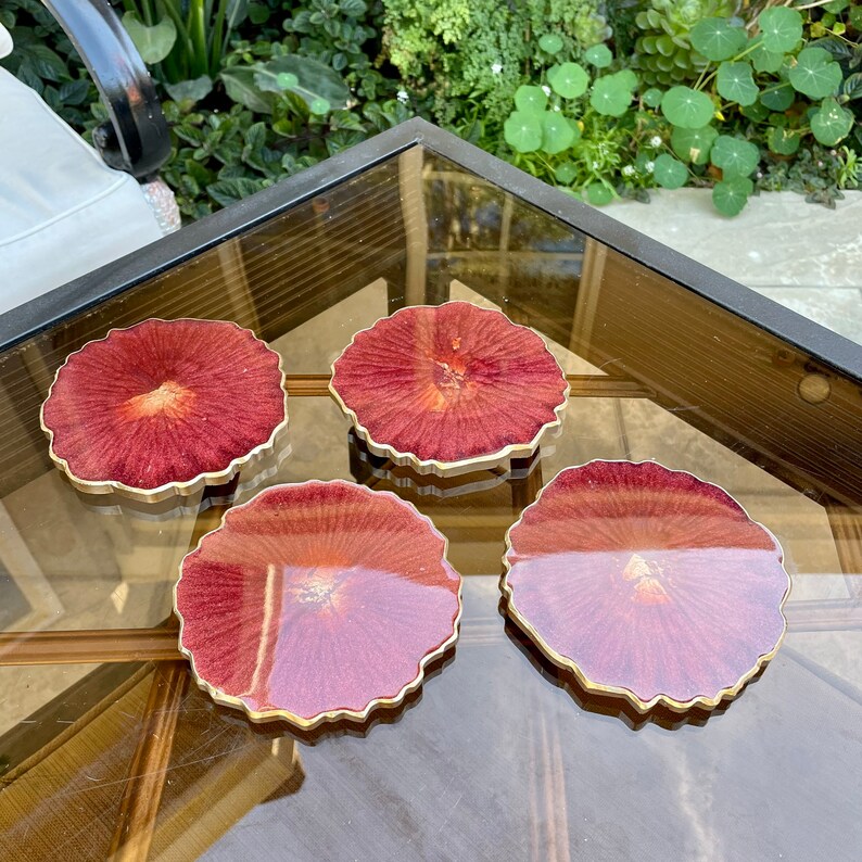 Resin Coaster Sets Ruby Red Coasters With Gold Accents - Etsy