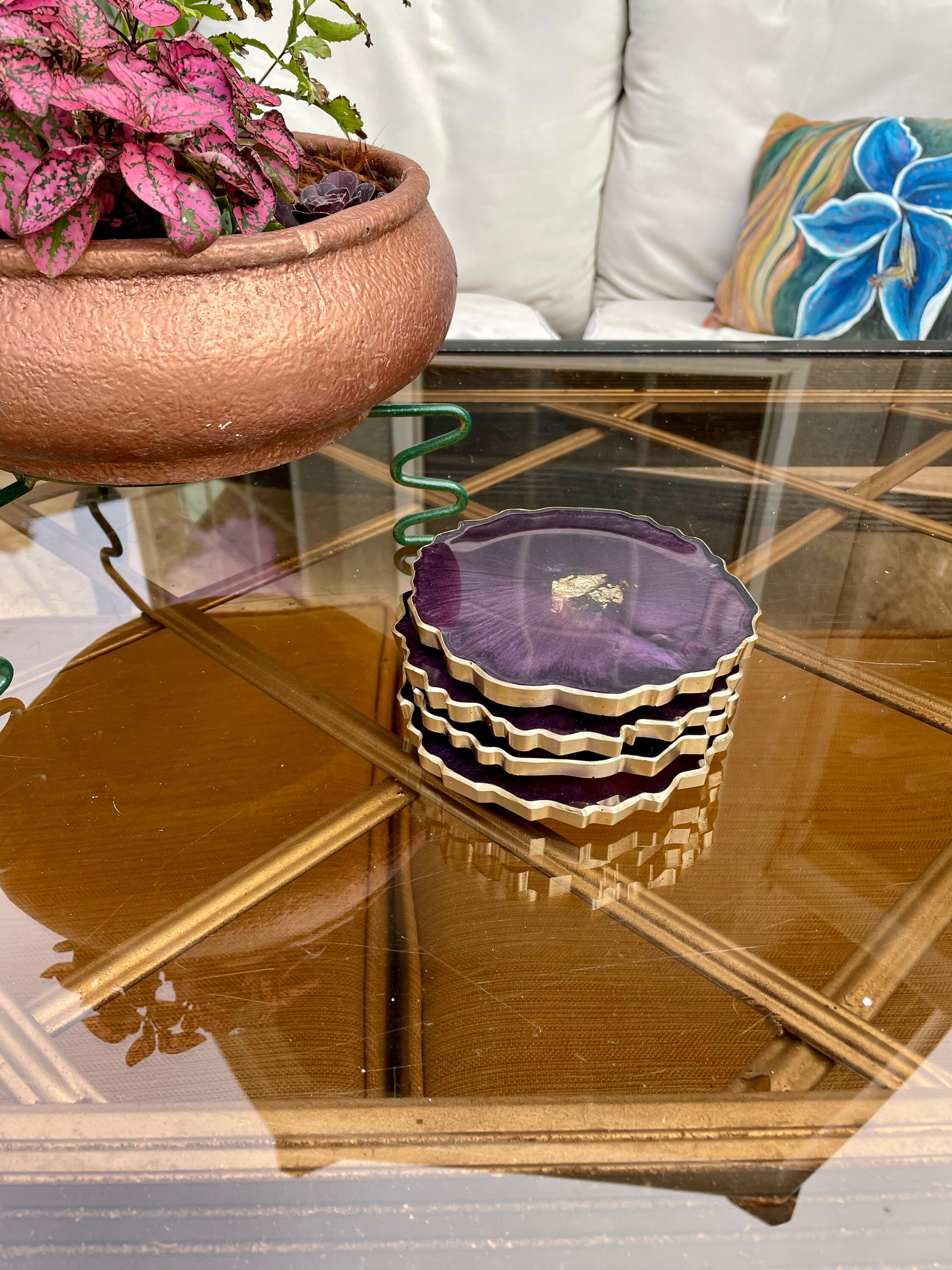 Deep Purple and Gold Resin Coaster Set, Large Coasters With Irregular ...