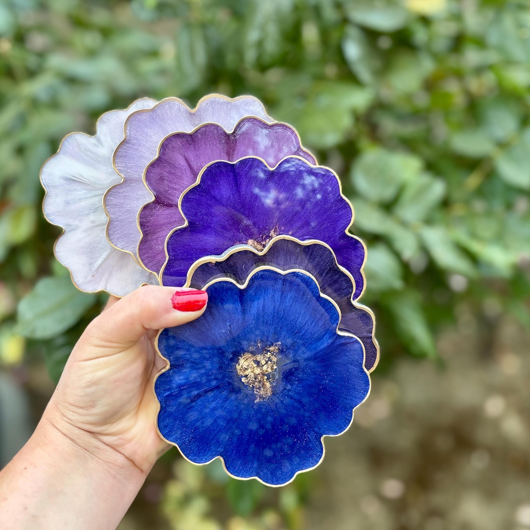 Purple Flower Coasters, Handmade Epoxy Resin Coasters, Personalized ...