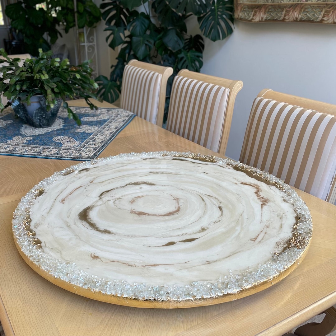 36 Inch Handmade Lazy Susan Turntable, Cream White and Gold With Glass ...