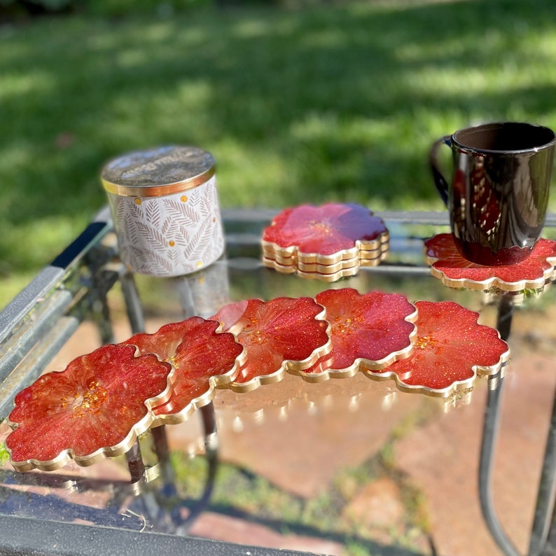 Ruby Red Flower Coasters With Gold Accents Handmade Epoxy - Etsy