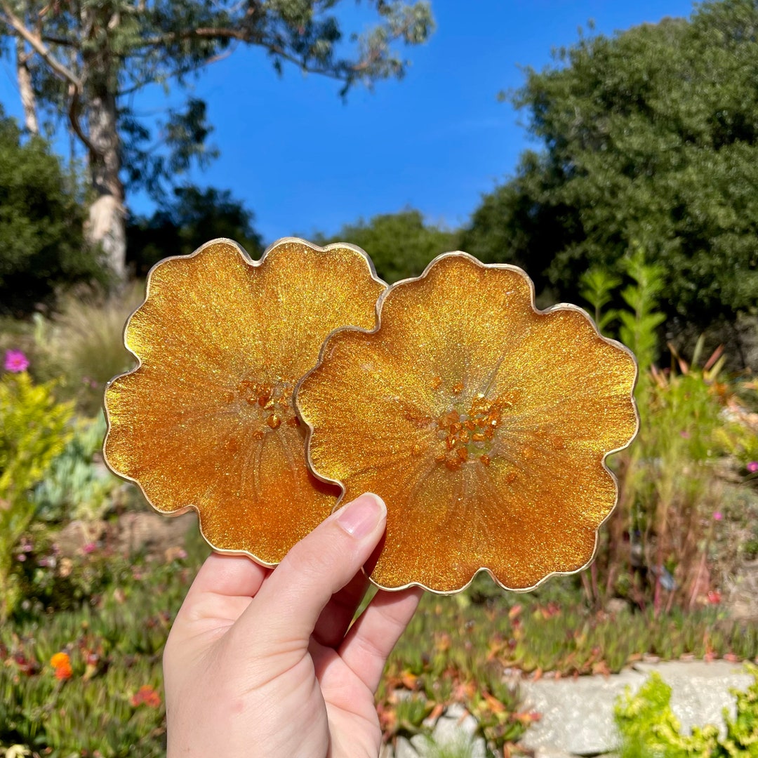 Shimmering Golden Bronze Flower Coasters, Handmade Epoxy Resin Coasters ...