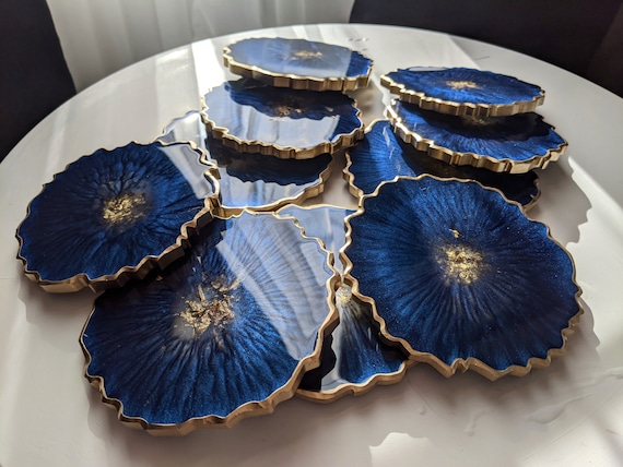 Deep navy and gold coaster sets large coasters circular coasters with irregular edge handmade epoxy resin coasters navy coaster sets