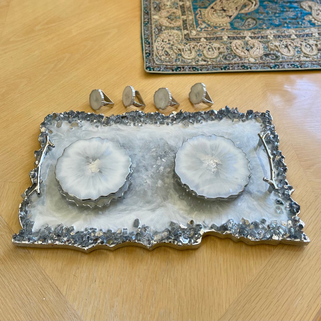 Handmade Tray and Coaster Set With Napkin Rings, Iridescent White and ...