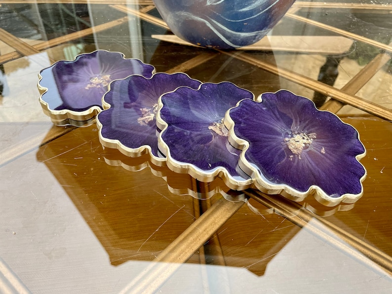 Dark Purple Flower Coasters With Gold Accents Handmade Epoxy | Etsy