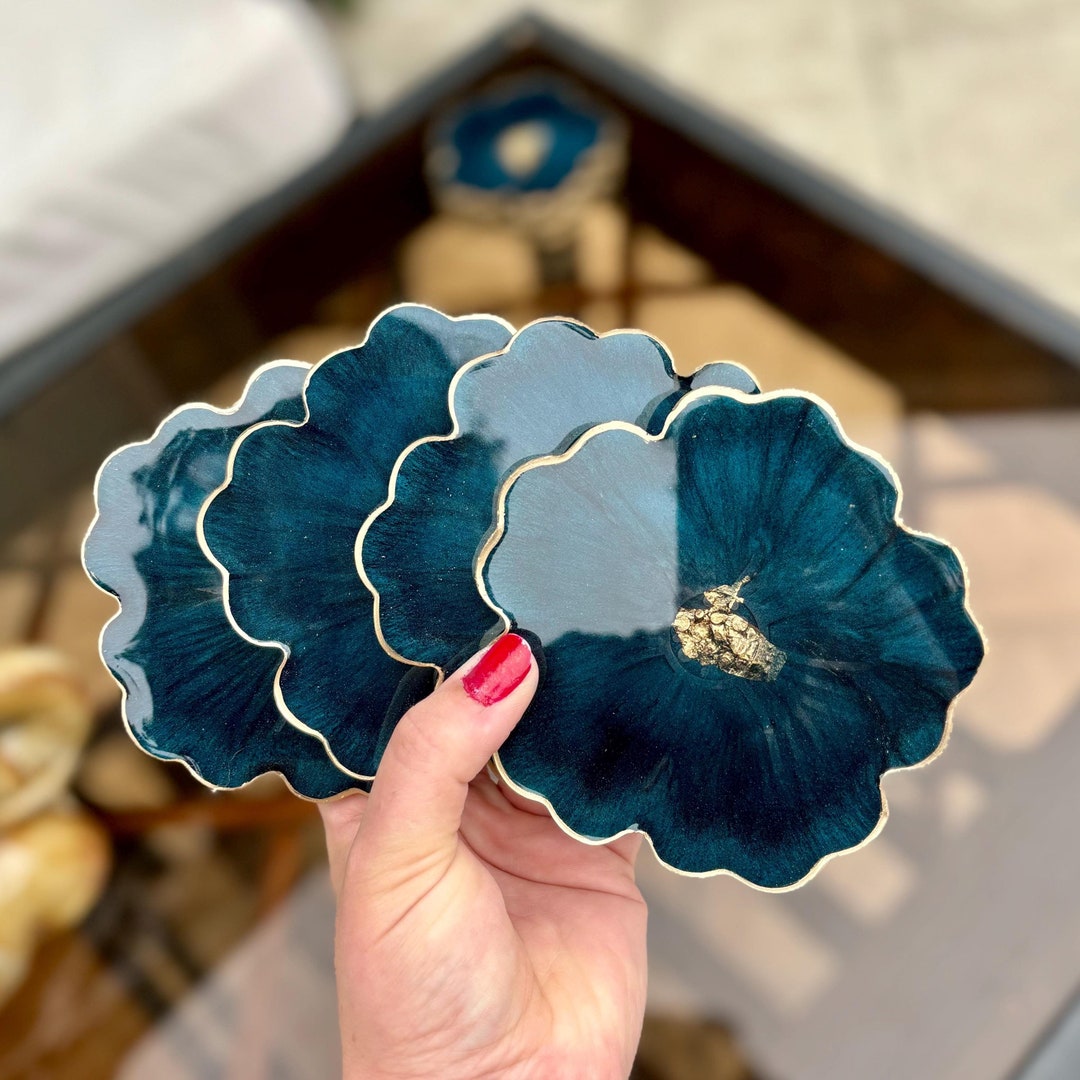 Dark Teal Flower Coasters, Handmade Epoxy Resin Coasters With Gold ...