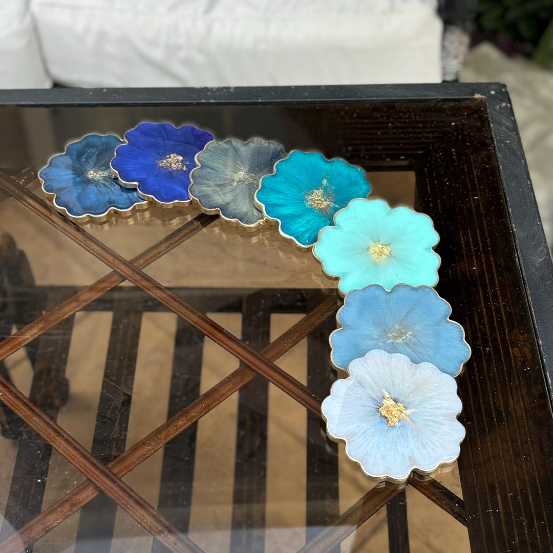 Blue Flower Coasters, Handmade Resin Coasters With Gold Accents ...