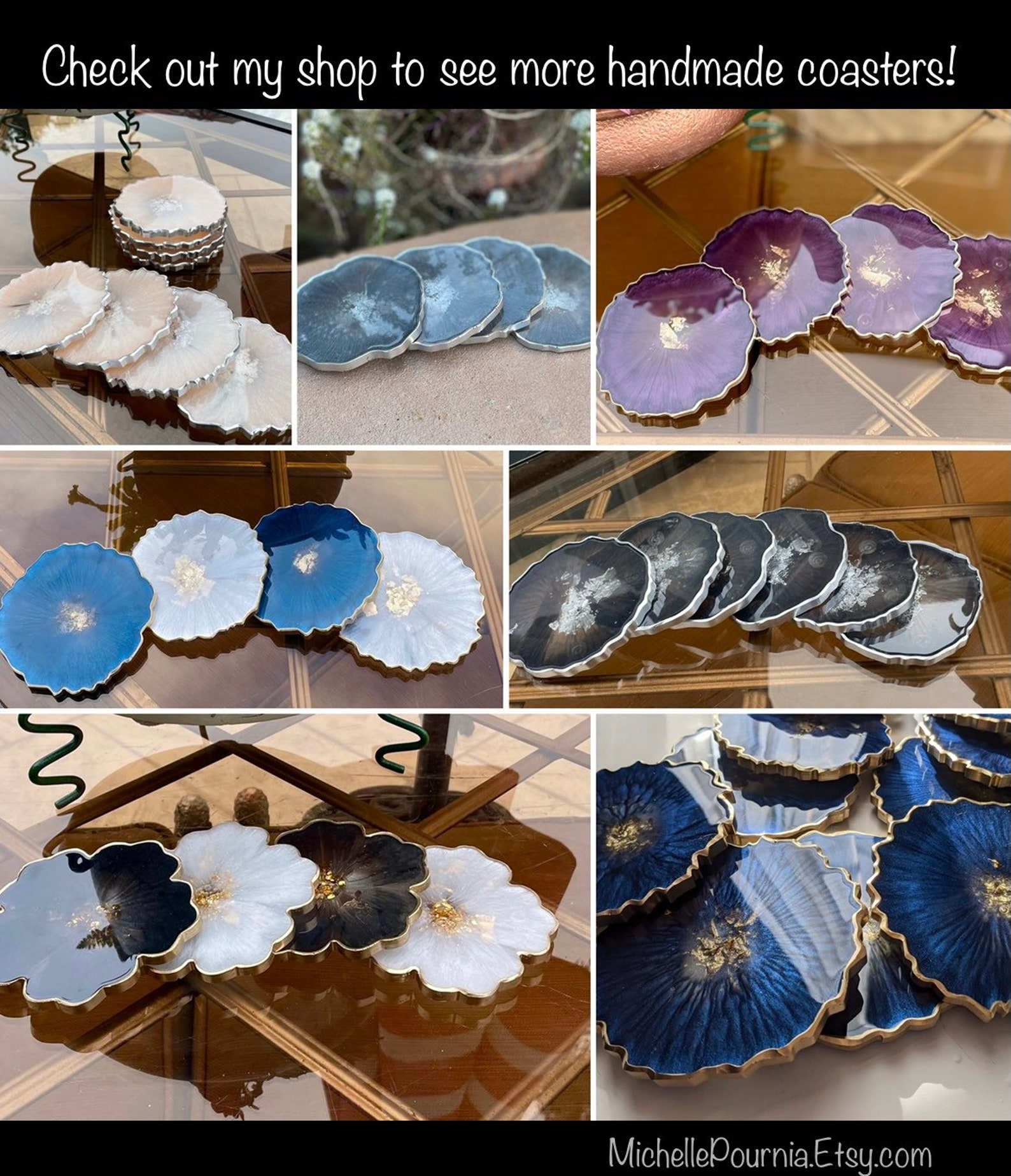 4 Round White and Silver Coaster Sets Made of Resin, Silver and White ...