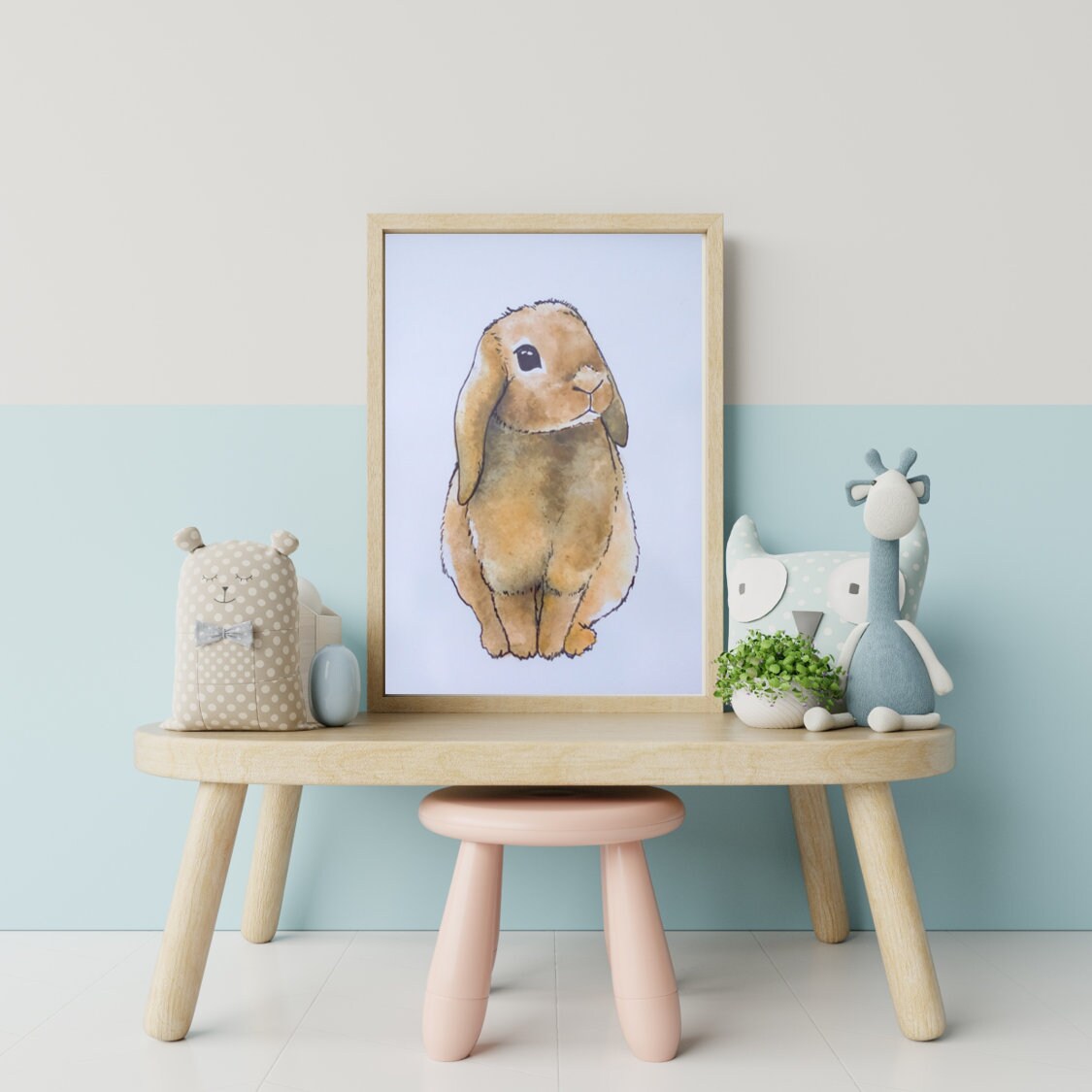 Nursery Wall Art Cute Bunny Watercolour Painting Kids Decor Rabbit ...