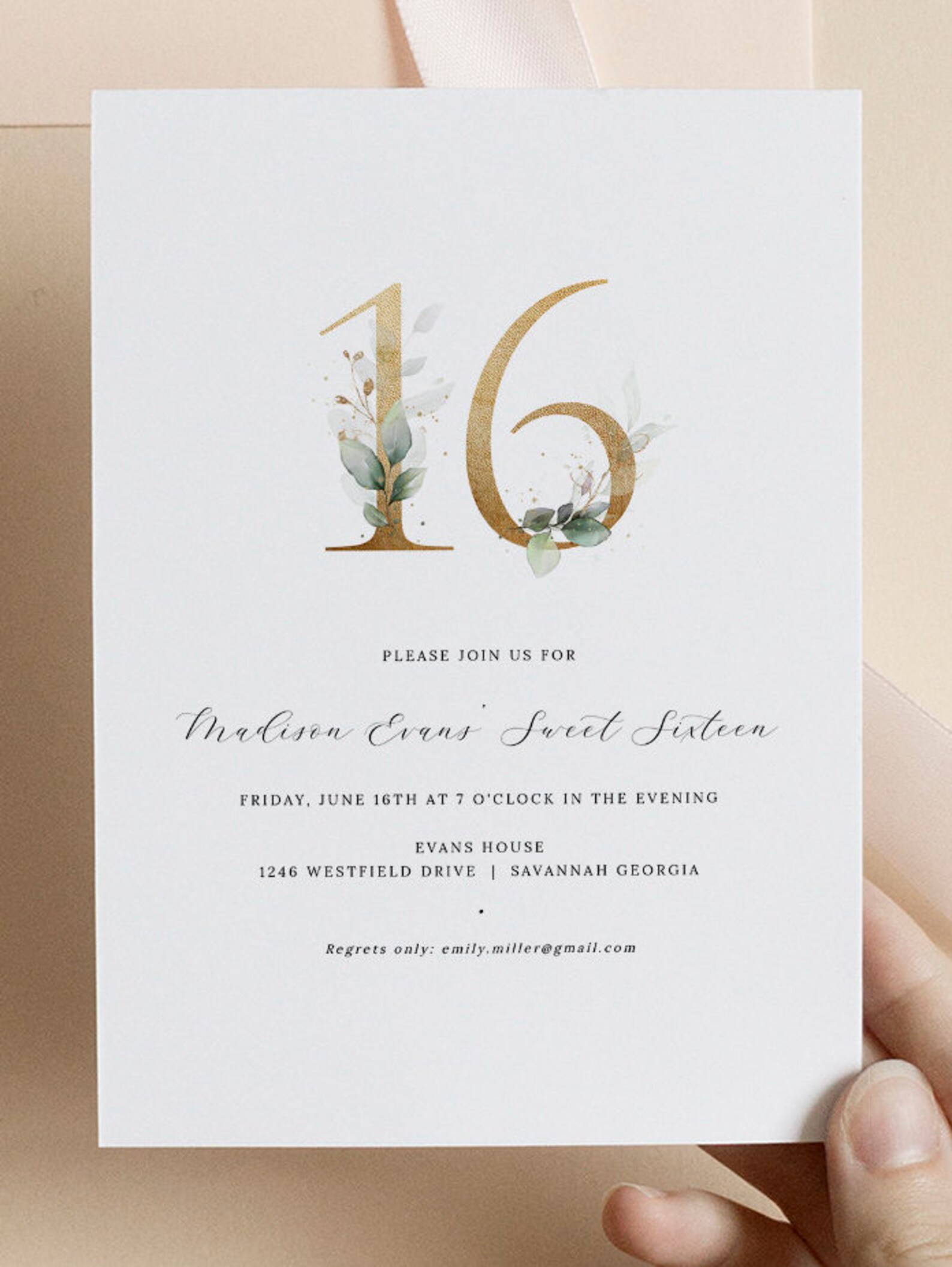 Sweet 16 Invitation Greenery Gold Letters Sweet Sixteen - Etsy
