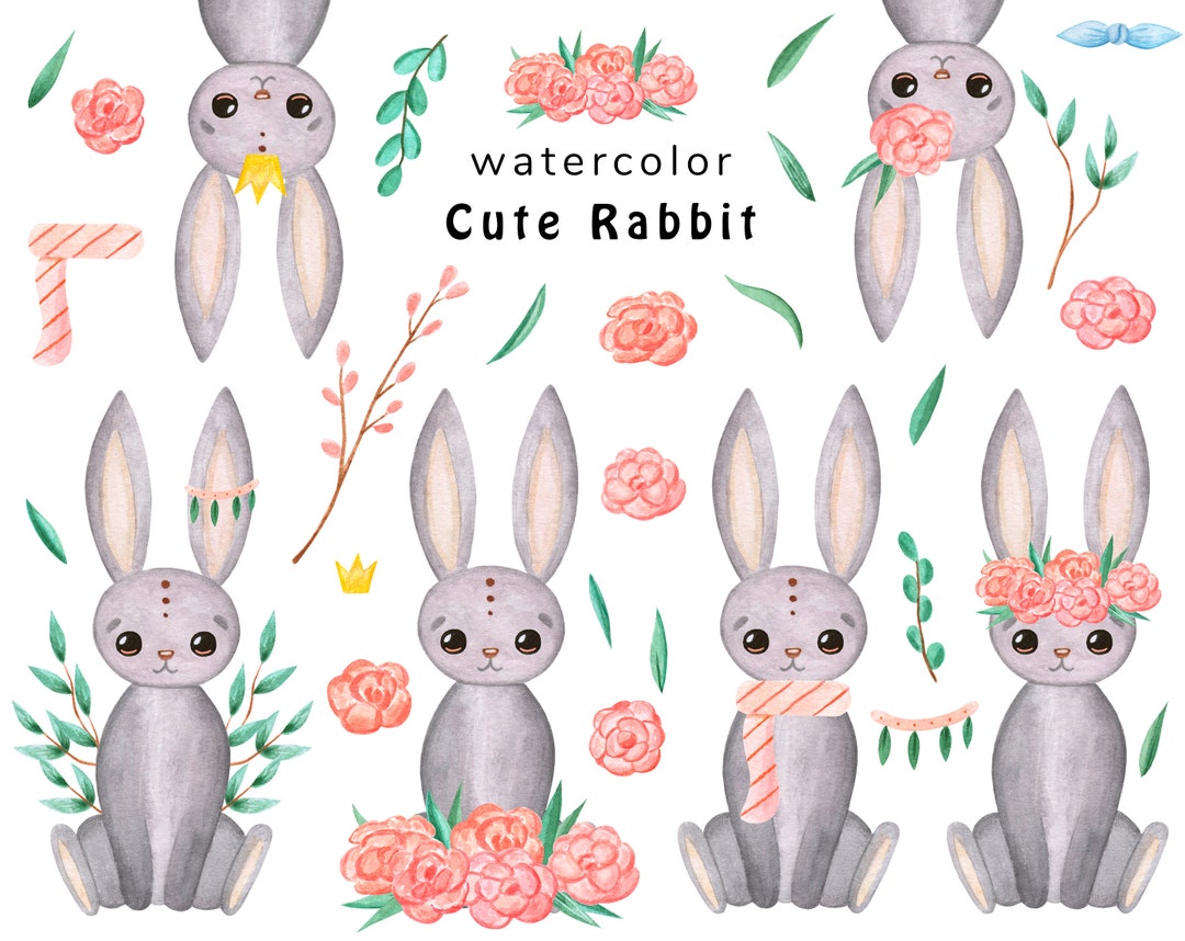 Watercolor Cute Bunny Clipart Rabbit Print Baby Shower - Etsy