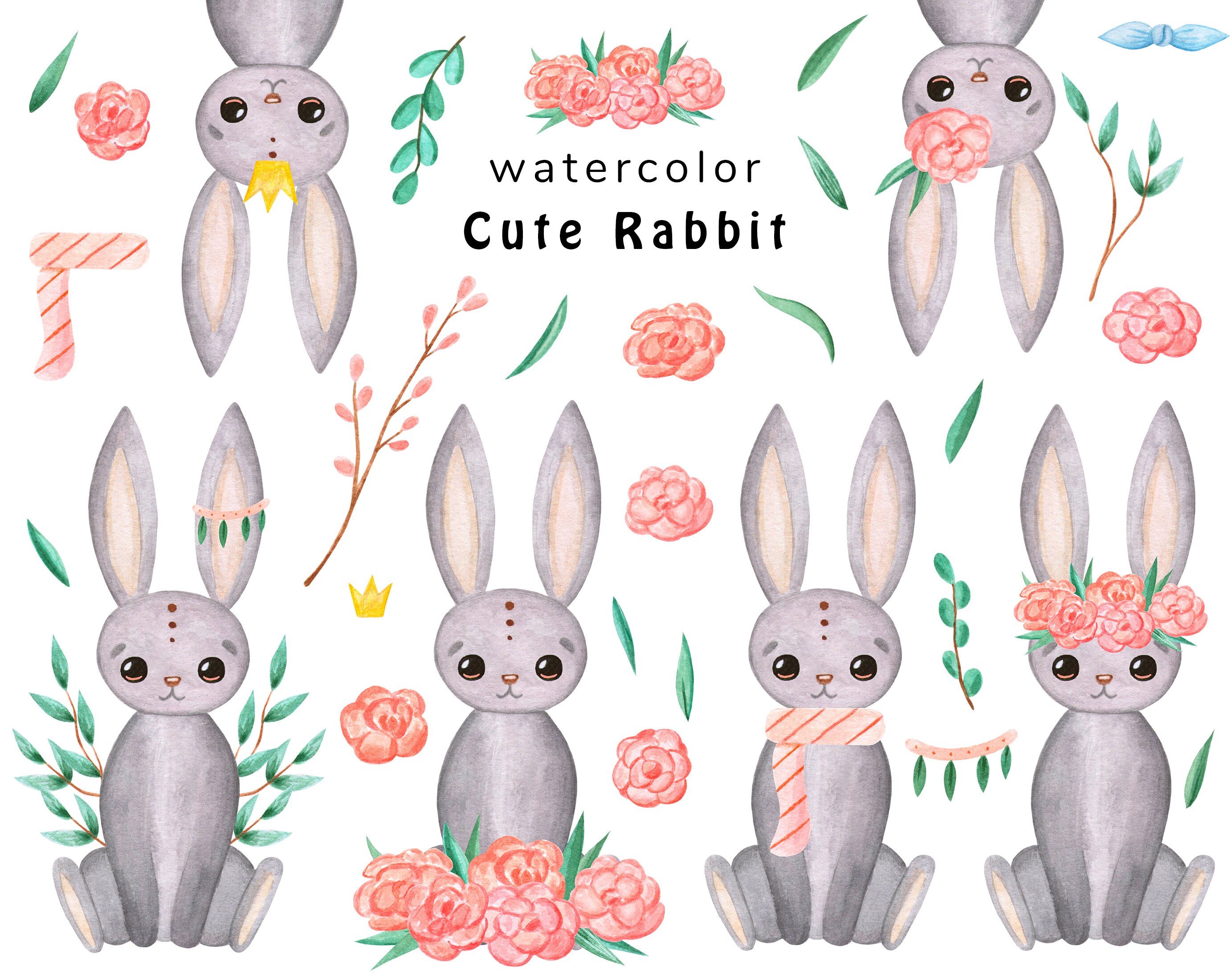 Watercolor Cute Bunny Clipart Rabbit Print Baby Shower - Etsy