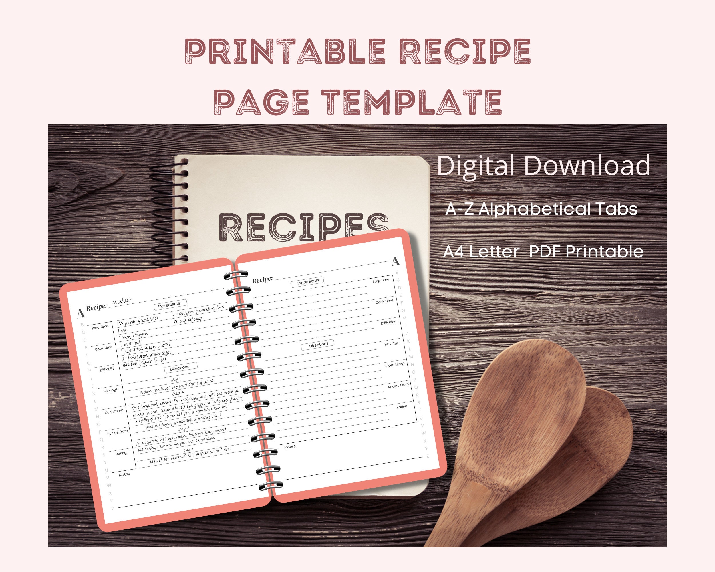 Printable Recipe Page Template A-Z Alphabetical Digital - Etsy