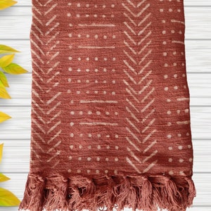 Rust Mudcloth, Cotton Woven Throw Blanket With Tassels, Bohemian Throw ...