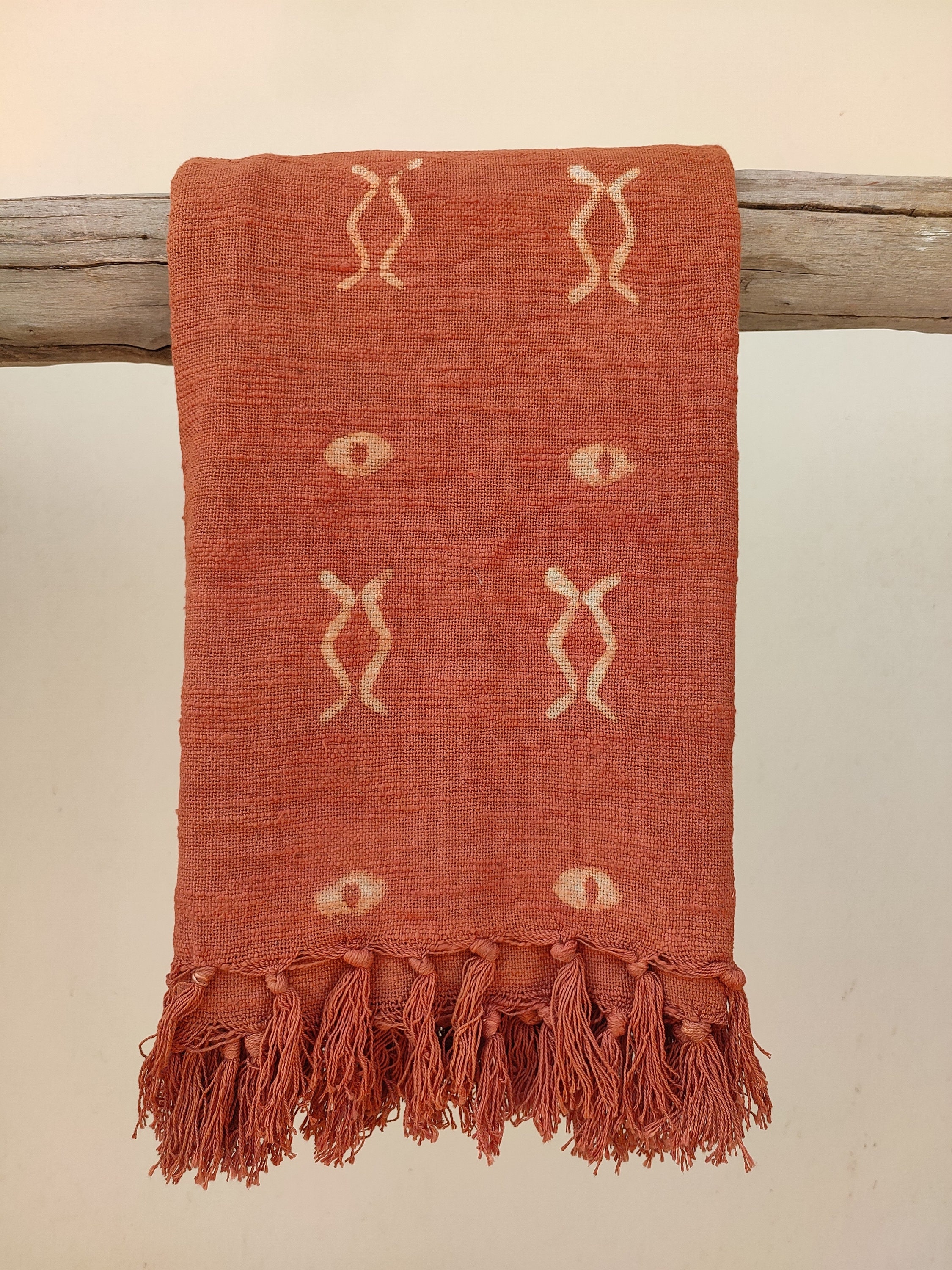 Rust Mudcloth Cotton Woven Throw Blanket with Tassels | Etsy