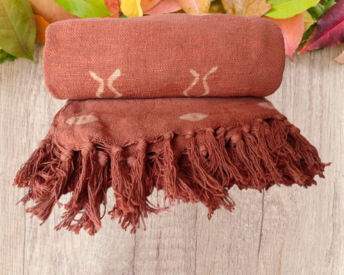 Rust Mudcloth Cotton Woven Throw Blanket with Tassels | Etsy