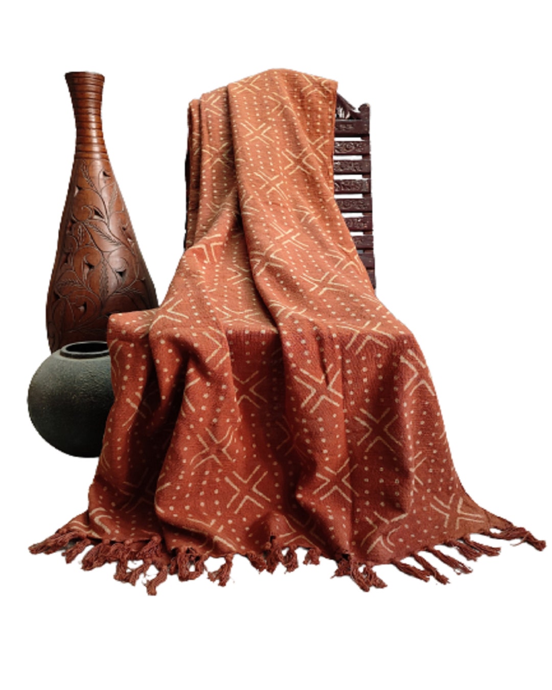 Rust Mudcloth, Cotton Woven Throw Blanket With Tassels, Bohemian Throw ...