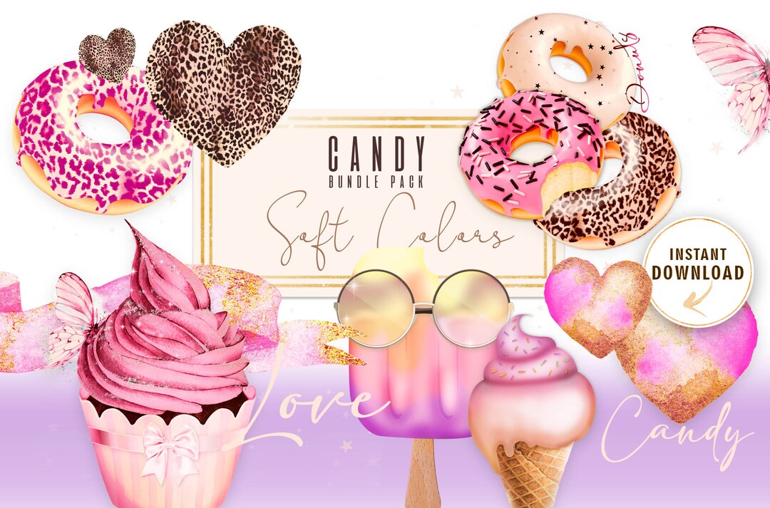 Candy Bundle Pack Soft Colors, Watercolor Itens, Set of 11 PNG, Digital ...