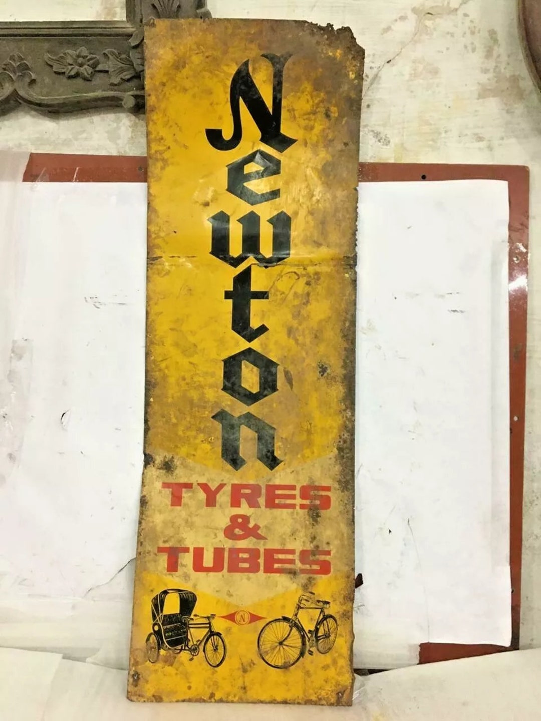 Vintage Newton Tyres & Tubes Sign Board Advertising Unique Iron Tin ...