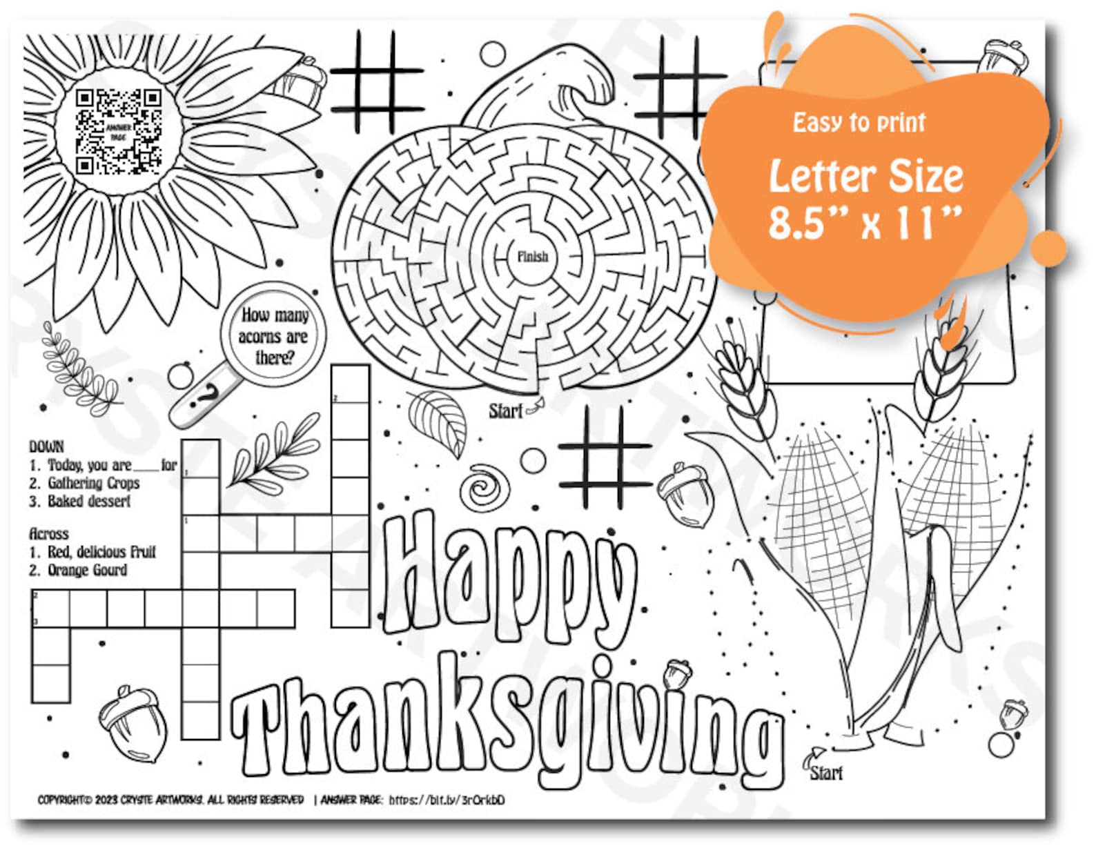 Thanksgiving Coloring Page Printable, Fall Coloring Activity for Kids ...