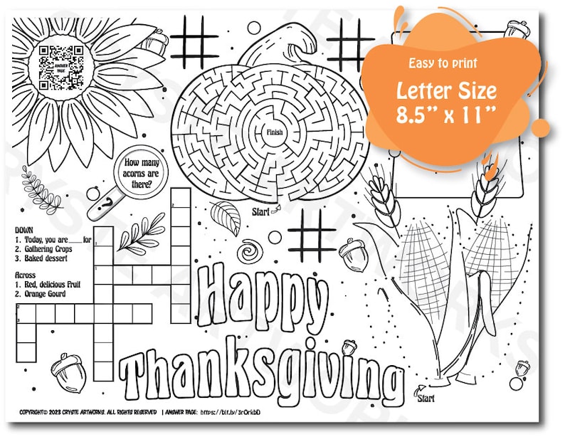 Thanksgiving Coloring Page Printable, Fall Coloring Activity for Kids ...