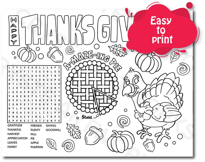 3 Thanksgiving Activity Pages: Printable, Fall Coloring, Activity for ...