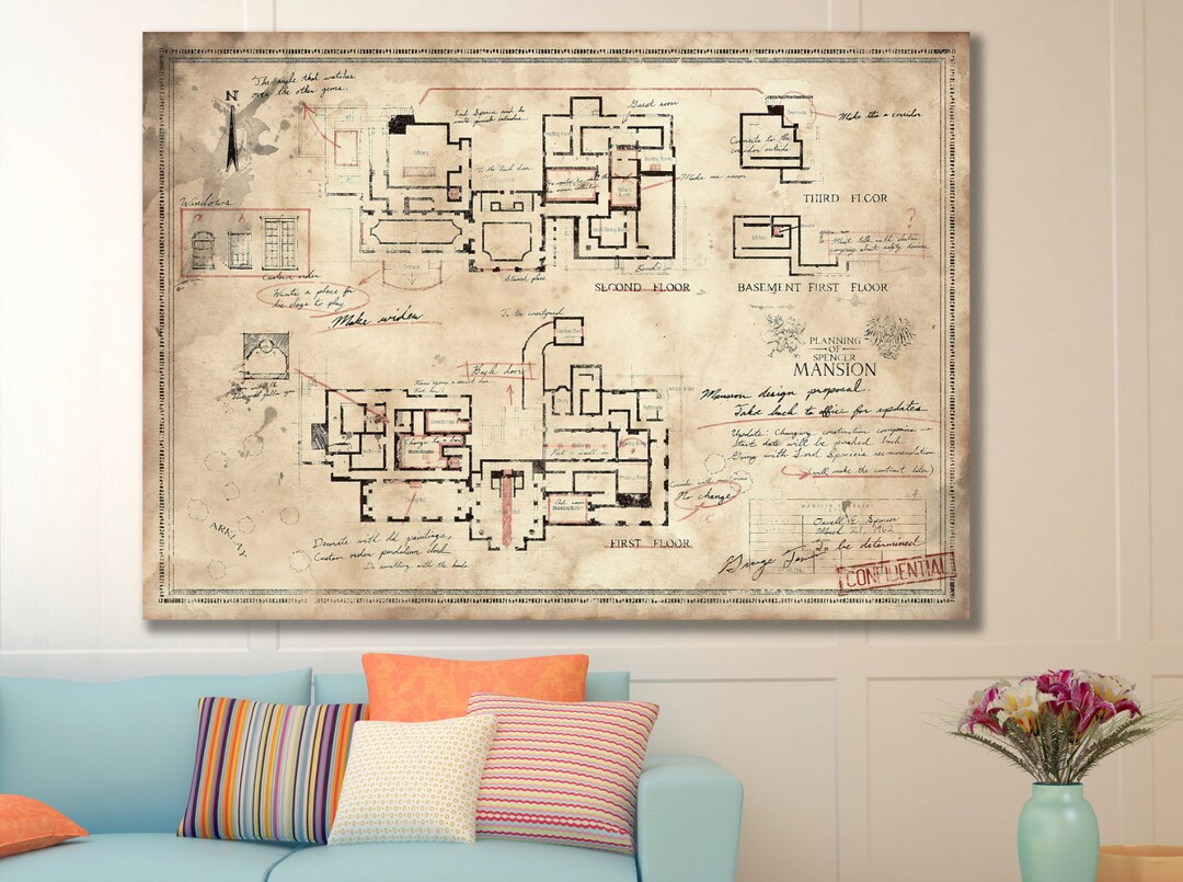 Mapas de Resident Evil, plan de mansión de Spencer, mapa vintage, mapa ...