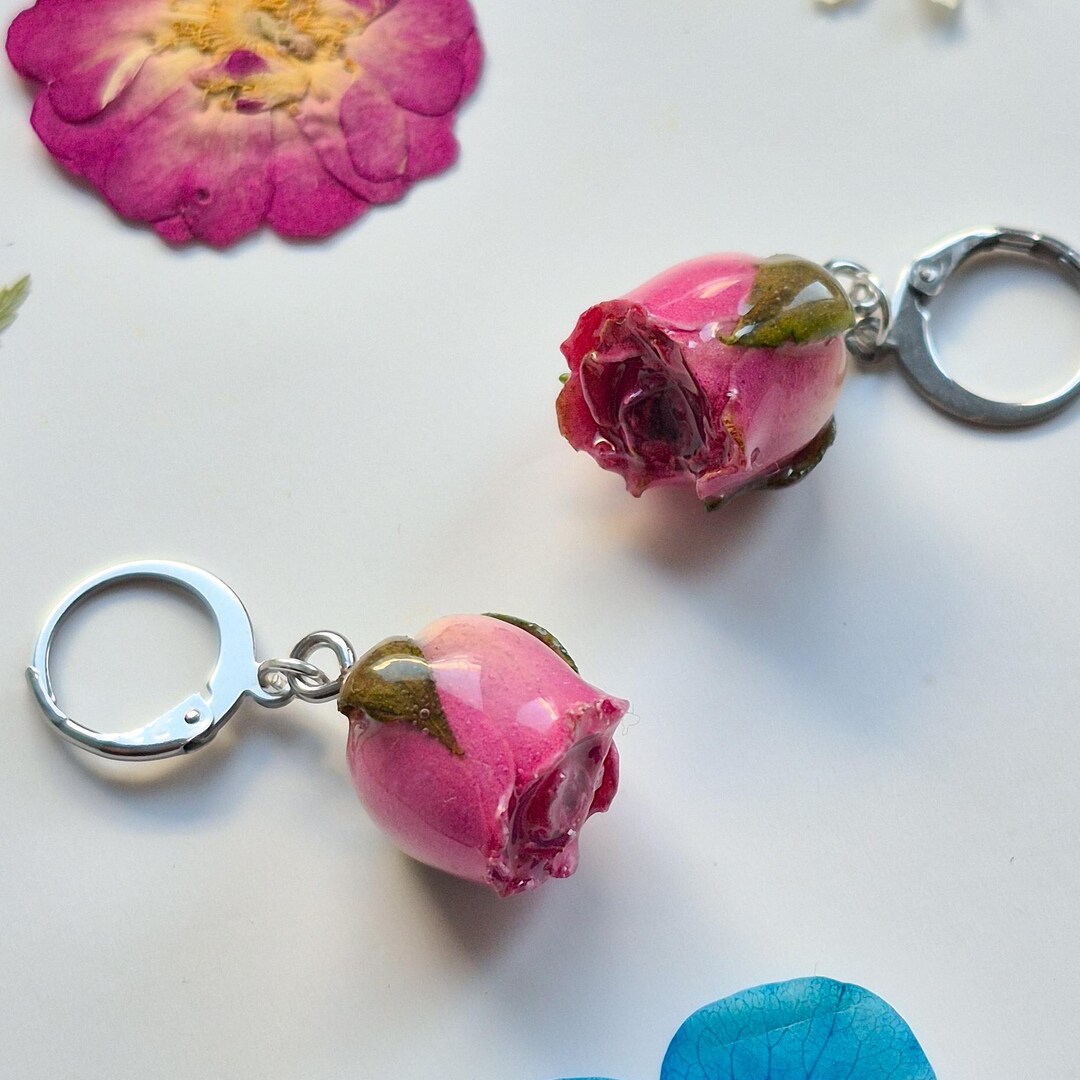 Dried Real Pink Roses Buds Silver Stainless Steel Hoop Earrings ...