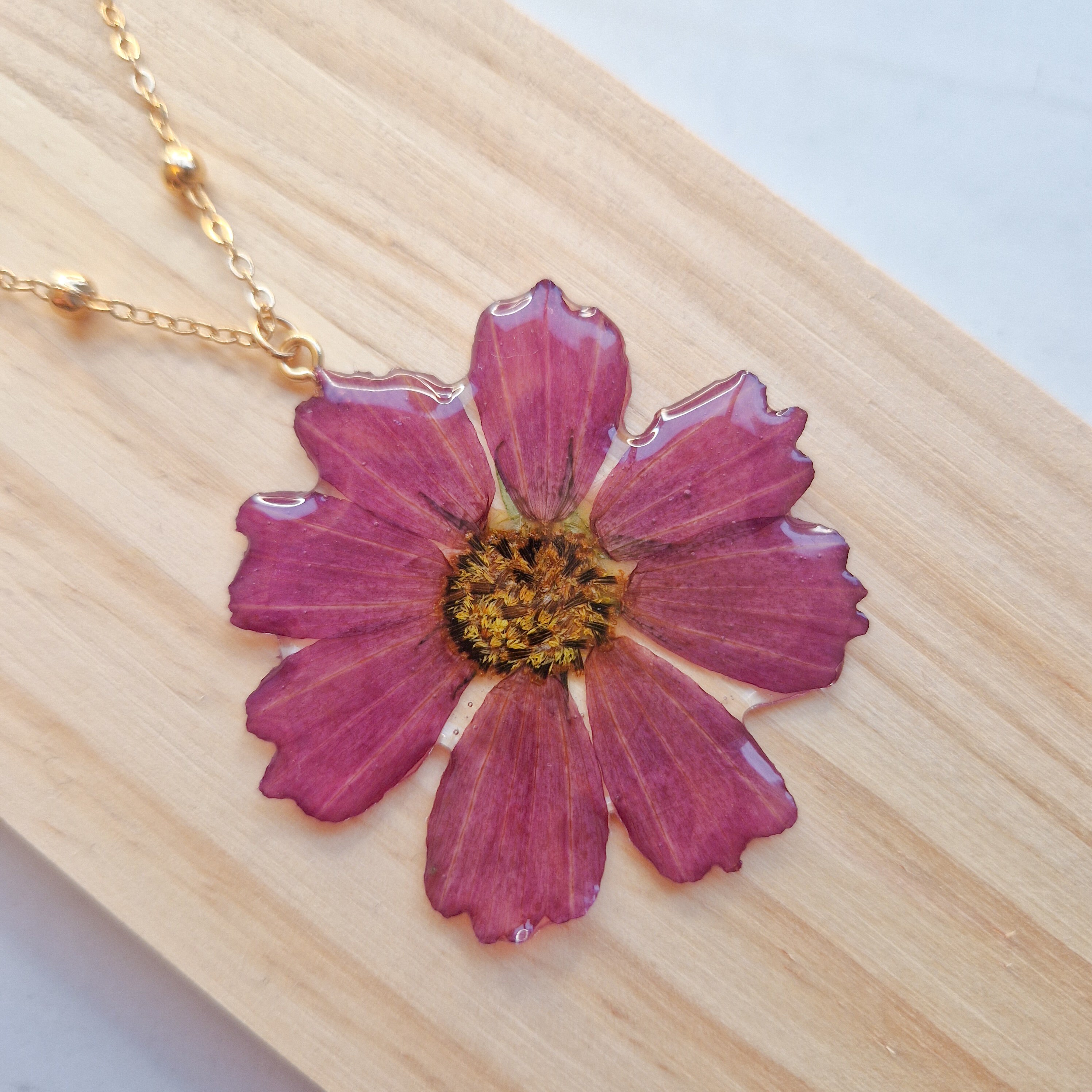 Pressed in Resin Real Cosmos Flower Necklace Golden Beaded Chain, Dried ...