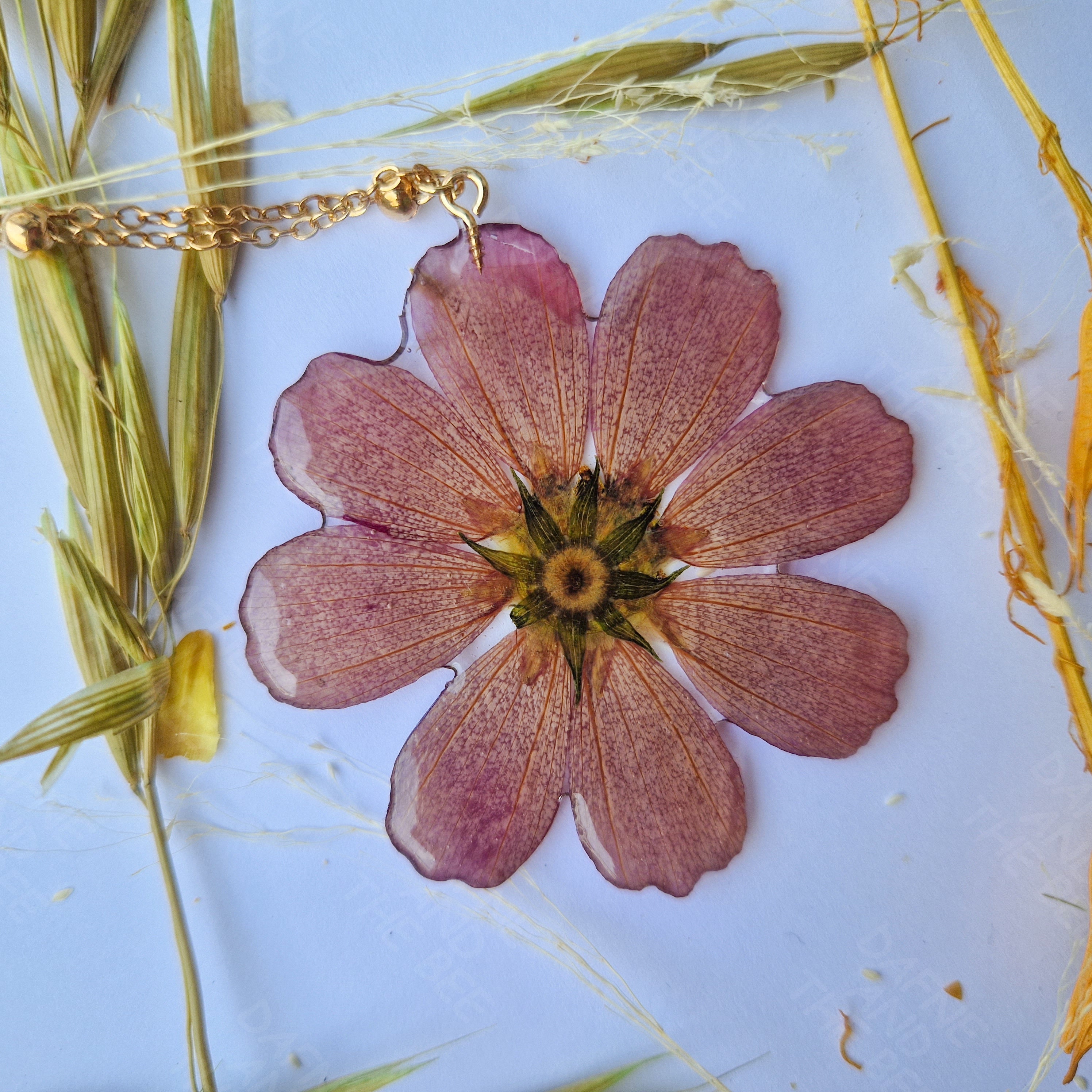 Pressed in Resin Real Cosmos Flower Necklace Golden Beaded Chain, Dried ...