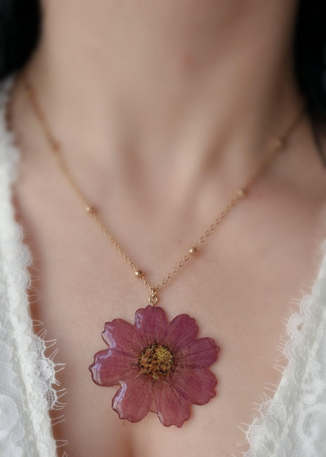 Pressed in Resin Real Cosmos Flower Necklace Golden Beaded Chain, Dried ...