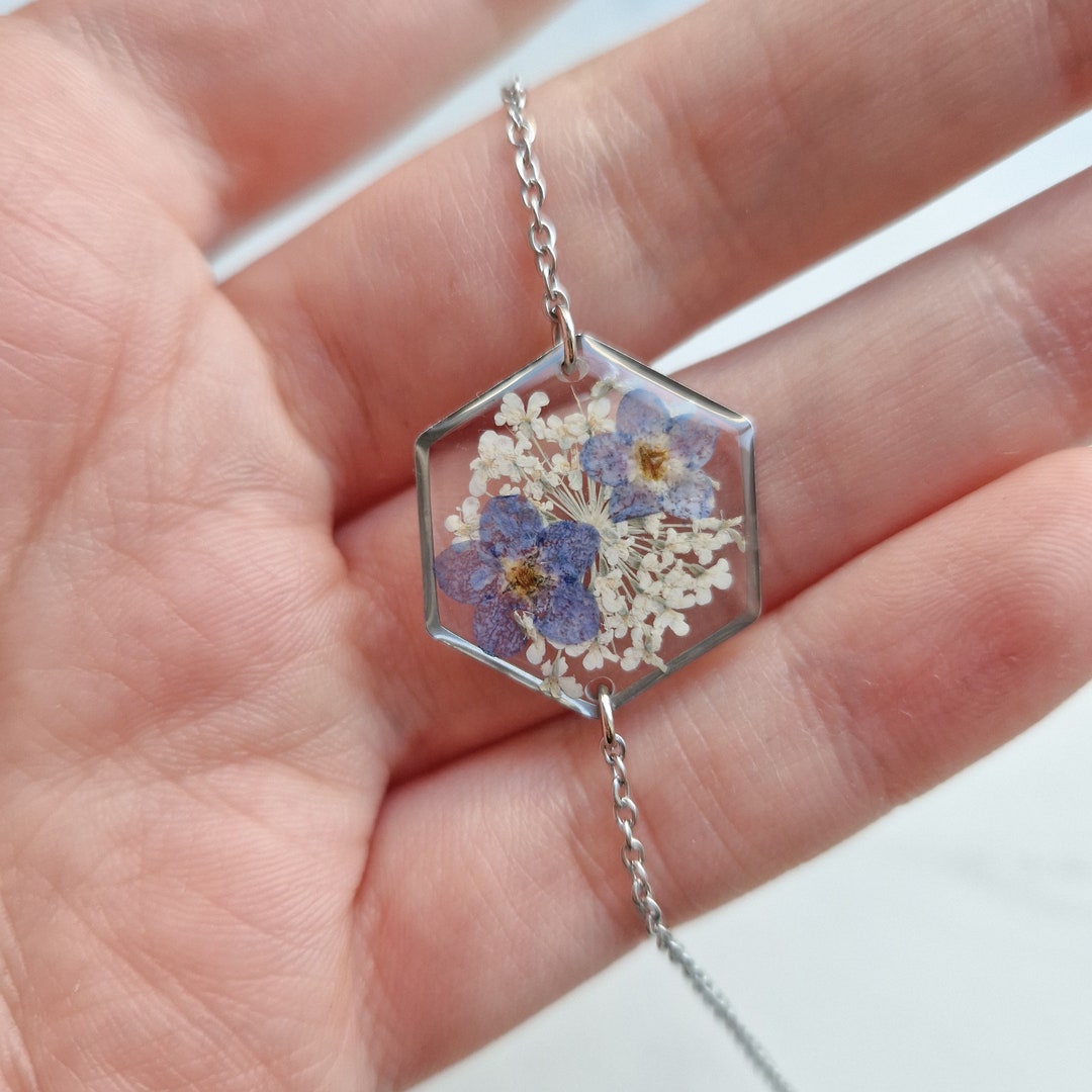 Real Forget Me Not and Baby Breath Stainless Steel Adjustable Bracelet ...