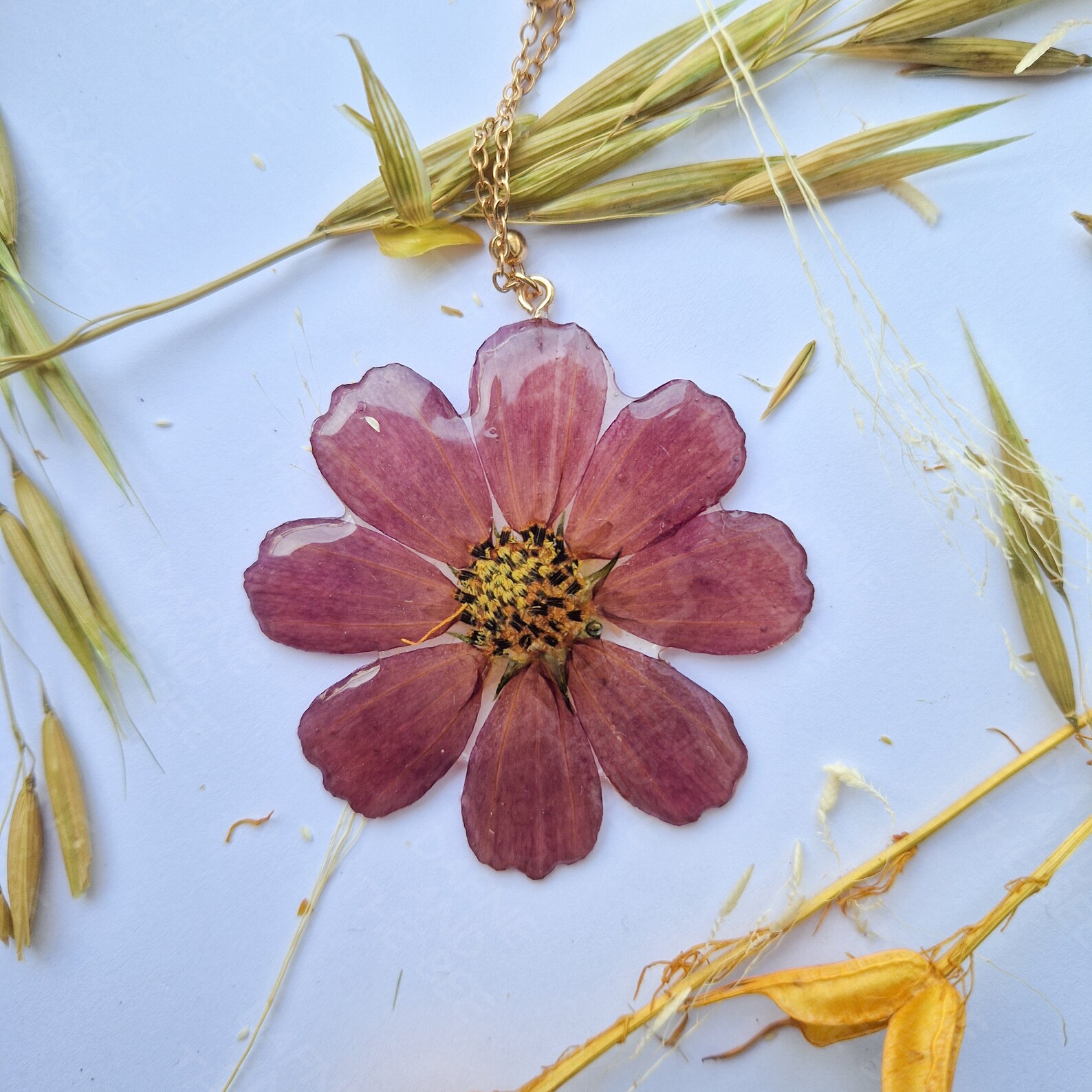 Pressed in Resin Real Cosmos Flower Necklace Golden Beaded Chain, Dried ...