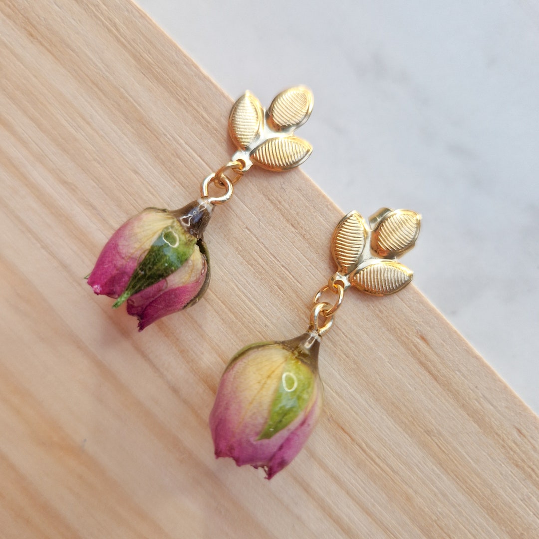 Real Flowers Pink Rose Buds Stainless Steel Stud Earrings Golden Leaf ...