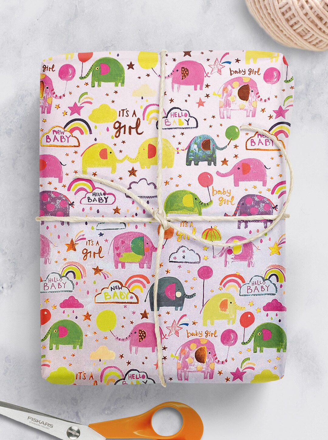 New Baby Gift Wrap for Baby Girls Cute Elephant Pink Wrapping Paper for ...