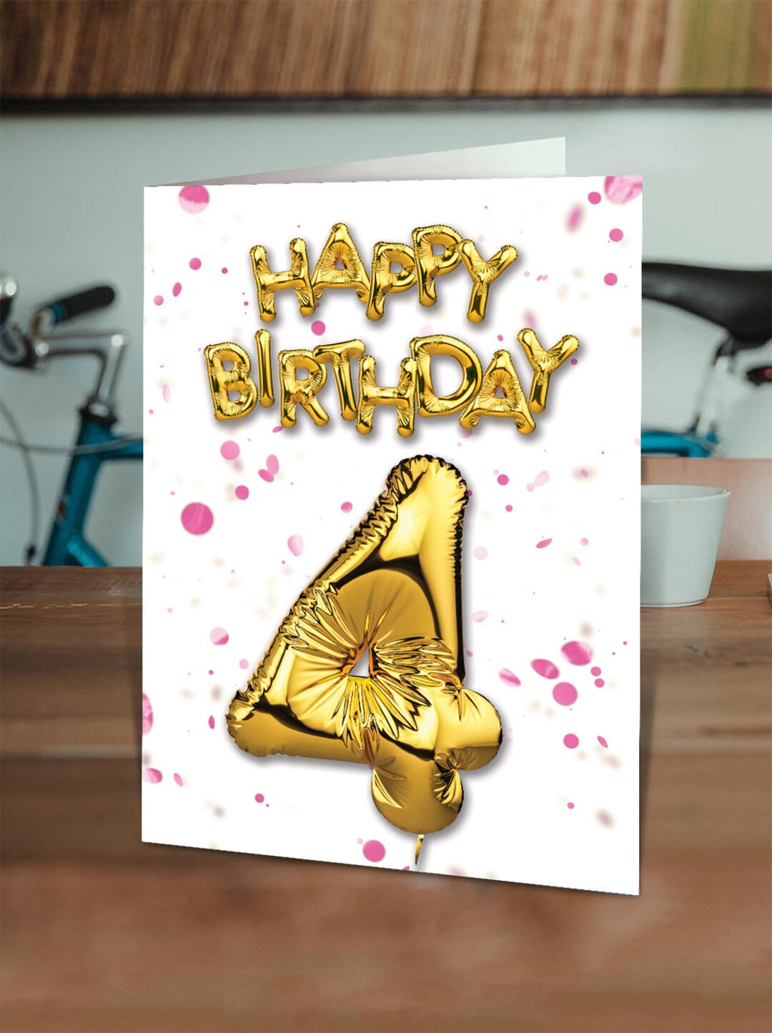 4th Birthday Gold Balloon Card Pink for Him Her Boy Girl - Etsy