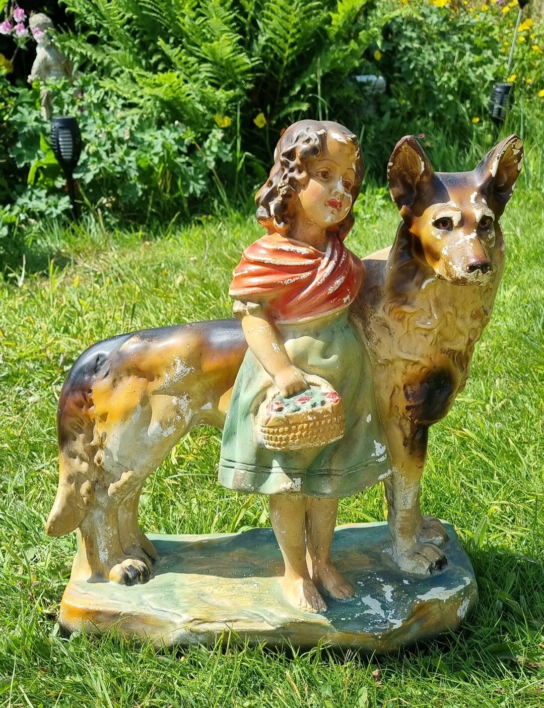 Rare, Sweet Art Deco Girl With Alsation Dog Figurine Chalkware Vintage ...