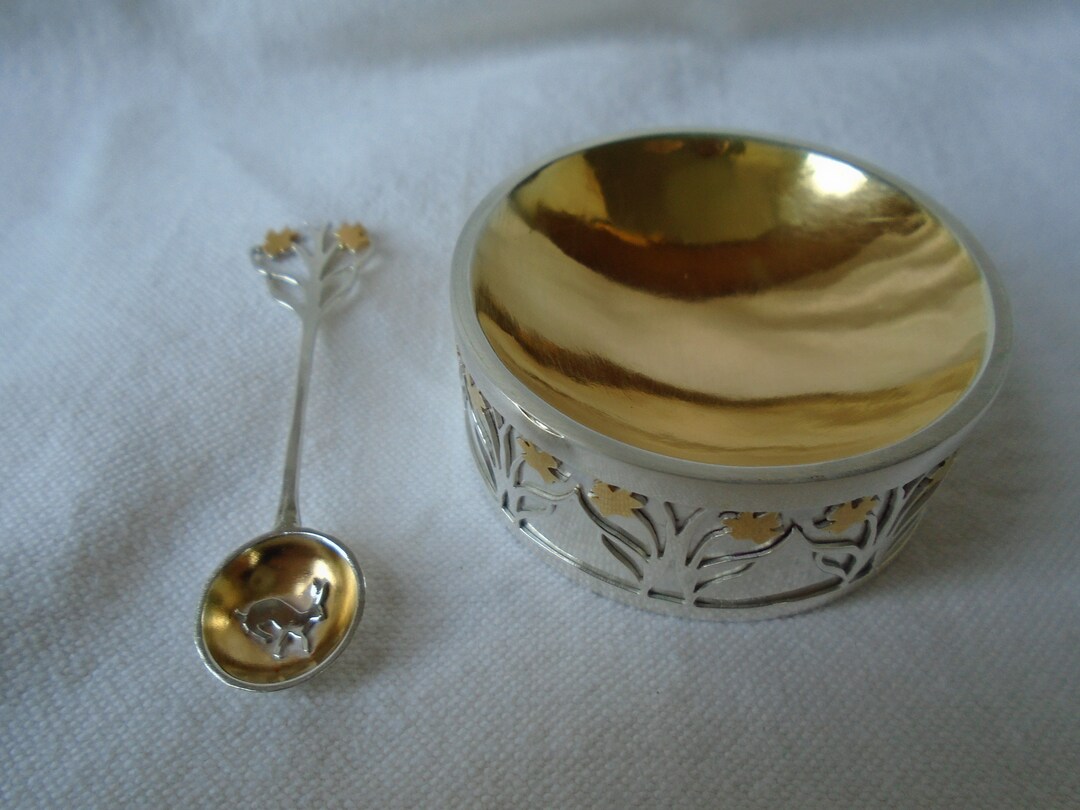 Hallmarked Sterling Silver Salt Dish and Spoon With Gilt Bowls and ...