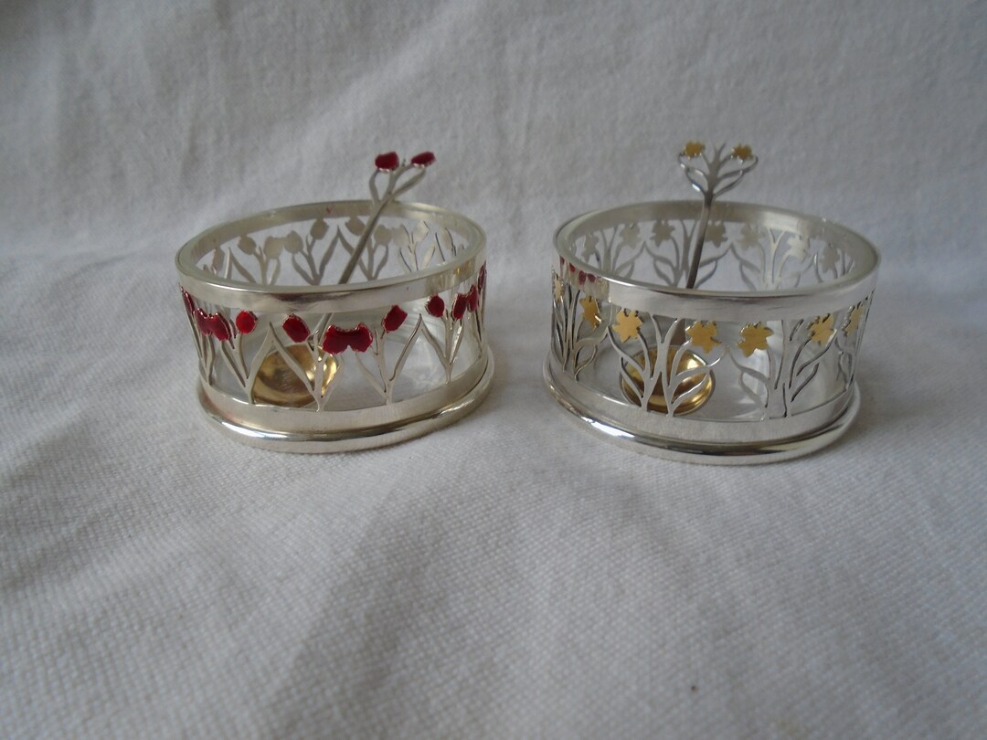 A Pair of Sterling Silver, Enamel and Gilt Salts With Clear Glass ...