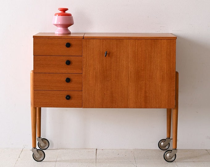 Vintage Teak Sewing Cart With Wheels - Mid-century Scandinavian Storage ...