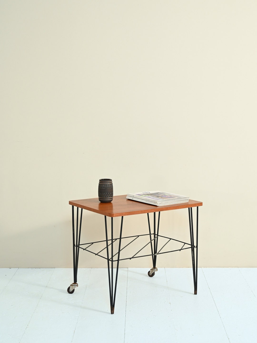 Midcentury Teak and Black Metal Magazine Coffee Table - Vintage Danish ...