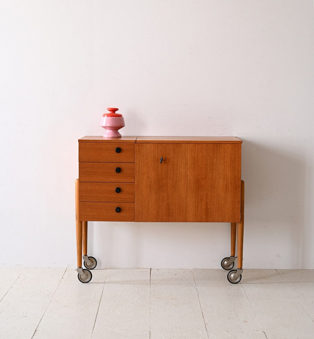 Vintage Teak Sewing Cart With Wheels Mid-century Scandinavian Storage ...