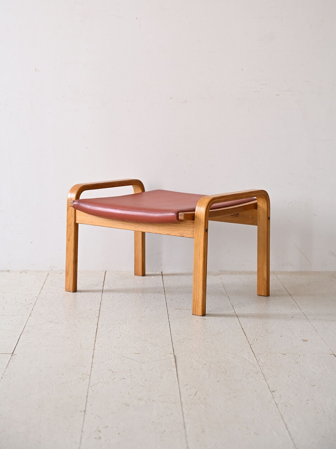 Retro Scandinavian Oak and Faux Leather Footstool – Vintage Mid-century ...
