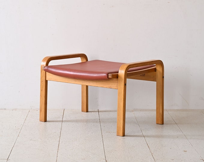 Retro Scandinavian Oak and Faux Leather Footstool – Vintage Mid-century ...